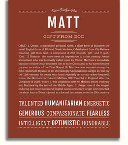 Matt Personalized Name Meaning Art Prints – Name Stories
