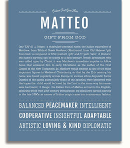 Matteo Personalized Name Meaning Art Prints – Name Stories