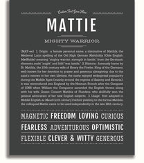Mattie Personalized Name Meaning Art Prints – Name Stories