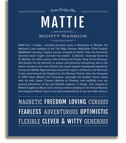 Mattie Personalized Name Meaning Art Prints – Name Stories