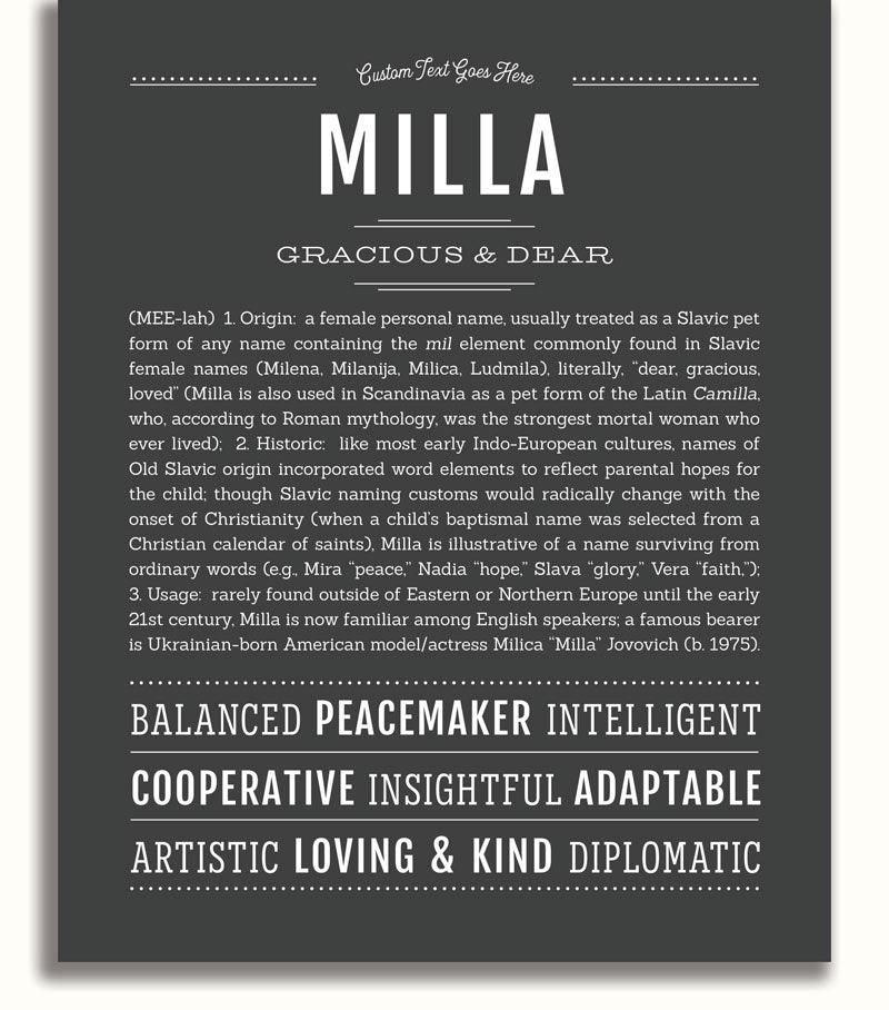 Milla Personalized Name Meaning Art Prints – Name Stories
