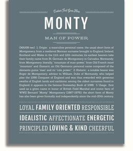 Monty Personalized Name Meaning Art Prints – Name Stories