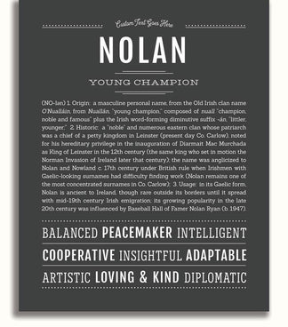 Nolan Personalized Name Meaning Art Prints – Name Stories
