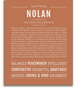 Nolan Personalized Name Meaning Art Prints – Name Stories