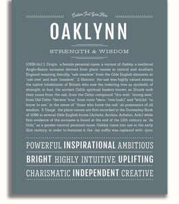 Oaklynn Personalized Name Meaning Art Prints – Name Stories