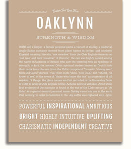 Oaklynn Personalized Name Meaning Art Prints – Name Stories
