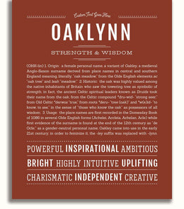 Oaklynn Personalized Name Meaning Art Prints – Name Stories