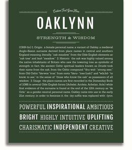Oaklynn Personalized Name Meaning Art Prints – Name Stories
