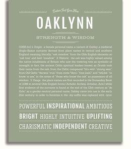 Oaklynn Personalized Name Meaning Art Prints – Name Stories
