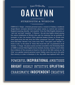 Oaklynn Personalized Name Meaning Art Prints – Name Stories