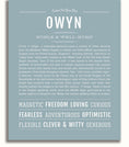 Owyn Personalized Name Meaning Art Prints – Name Stories