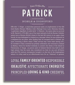 Patrick Personalized Name Meaning Art Prints – Name Stories