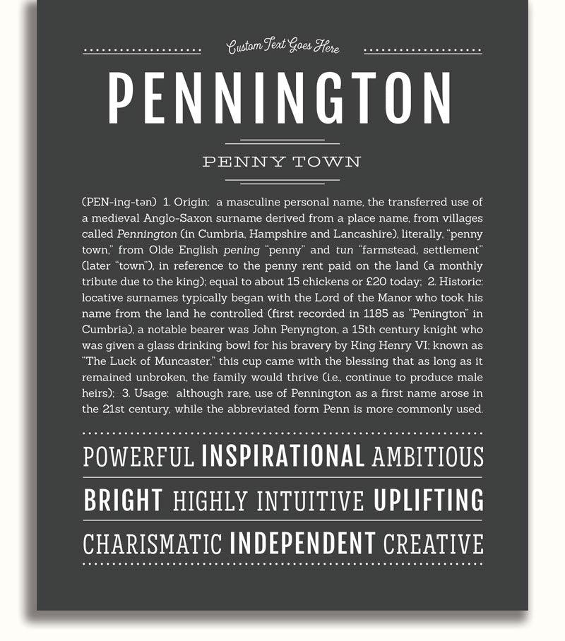 Pennington Personalized Name Meaning Art Prints – Name Stories