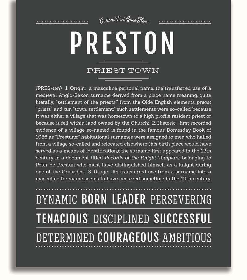 Preston Personalized Name Meaning Art Prints – Name Stories