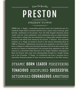 Preston Personalized Name Meaning Art Prints – Name Stories