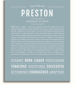 Preston Personalized Name Meaning Art Prints – Name Stories