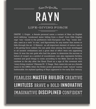 Rayn Personalized Name Meaning Art Prints – Name Stories