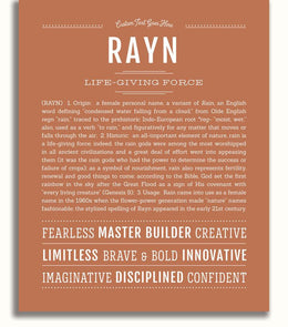 Rayn Personalized Name Meaning Art Prints – Name Stories