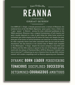 Reanna Personalized Name Meaning Art Prints – Name Stories
