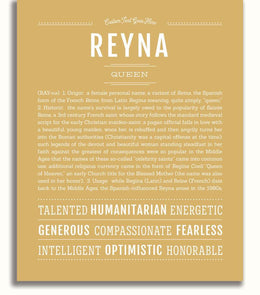 Reyna Personalized Name Meaning Art Prints – Name Stories