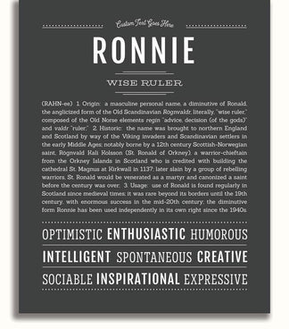 Ronnie Personalized Name Meaning Art Prints – Name Stories