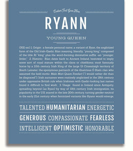 Ryann Personalized Name Meaning Art Prints – Name Stories
