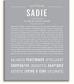 Sadie Personalized Name Meaning Art Prints – Name Stories
