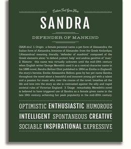 Sandra Personalized Name Meaning Art Prints – Name Stories