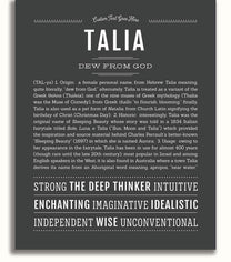 Talia Personalized Name Meaning Art Prints – Name Stories