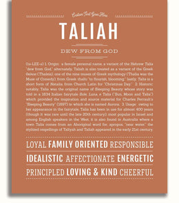 Taliah Personalized Name Meaning Art Prints – Name Stories