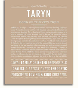 Taryn Personalized Name Meaning Art Prints – Name Stories