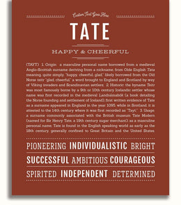 Tate Personalized Name Meaning Art Prints – Name Stories