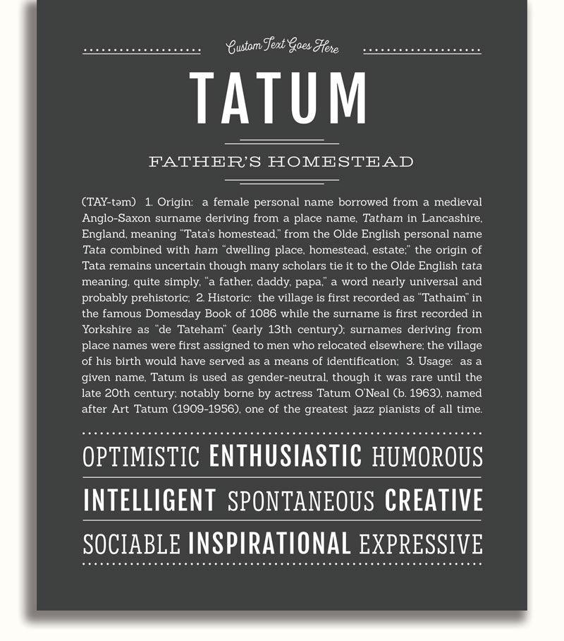 Tatum Personalized Name Meaning Art Prints – Name Stories