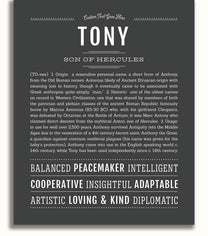 Tony Personalized Name Meaning Art Prints – Name Stories