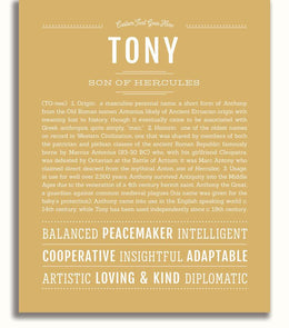 Tony Personalized Name Meaning Art Prints – Name Stories