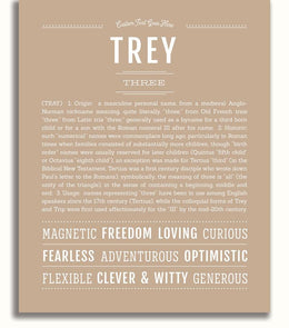 Trey Personalized Name Meaning Art Prints – Name Stories