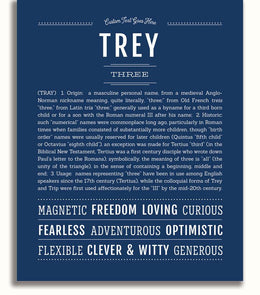 Trey Personalized Name Meaning Art Prints – Name Stories