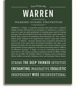 Warren Personalized Name Meaning Art Prints – Name Stories