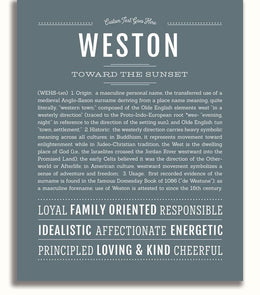 Weston Personalized Name Meaning Art Prints – Name Stories