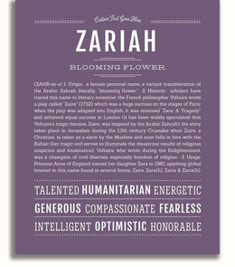 Zariah Personalized Name Meaning Art Prints – Name Stories