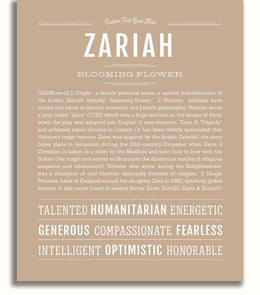 Zariah Personalized Name Meaning Art Prints – Name Stories