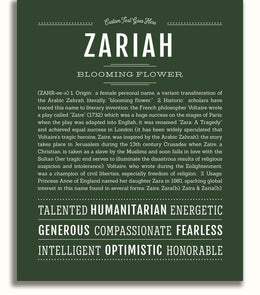 Zariah Personalized Name Meaning Art Prints – Name Stories
