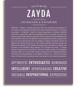 Zayda Personalized Name Meaning Art Prints – Name Stories