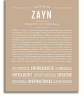 Zayn Personalized Name Meaning Art Prints – Name Stories